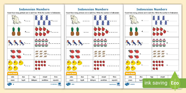Numbers 0-10 Differentiated Worksheet Indonesian