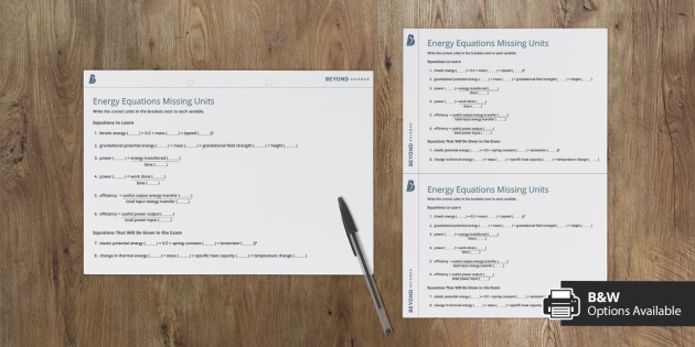 Energy Equations Missing Units Worksheet | Physics | Beyond