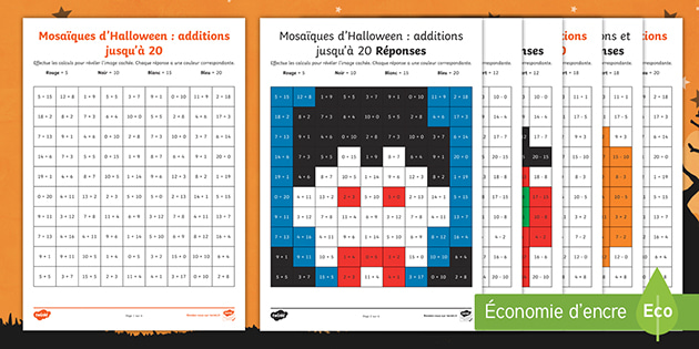 Mosaïques d'Halloween : additions et soustractions jusqu'à 20