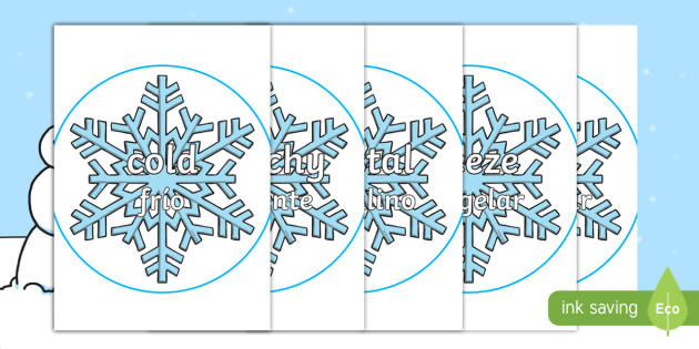Winter Topic Words on Snowflakes Display Posters English/Spanish