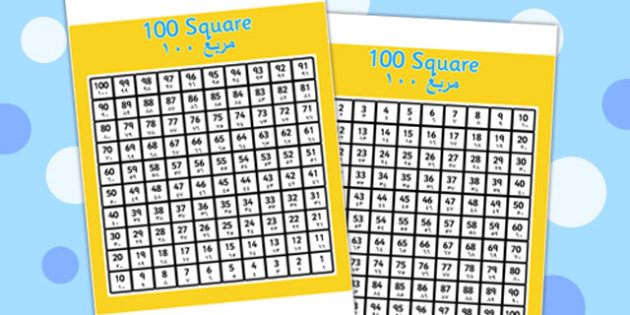 100 Square Arabic Translation (teacher made)