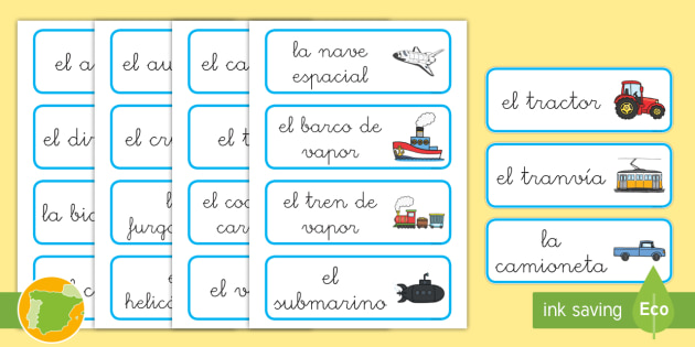 Tarjetas de vocabulario: El transporte (teacher made)