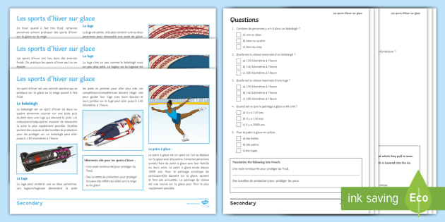 Winter Olympics Differentiated Reading Comprehension Activity French