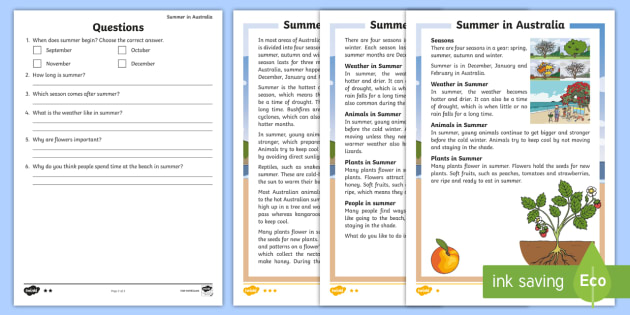 F-2 Summer in Australia Differentiated Reading Comprehension Activity