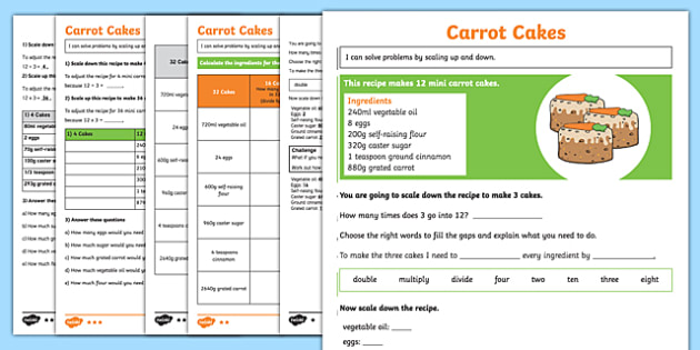 Carrot Cakes Scaling Problems Worksheet / Worksheet Pack, worksheet