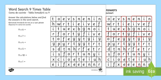 Multiplication 9 Times Tables Word Search Worksheet / Worksheet