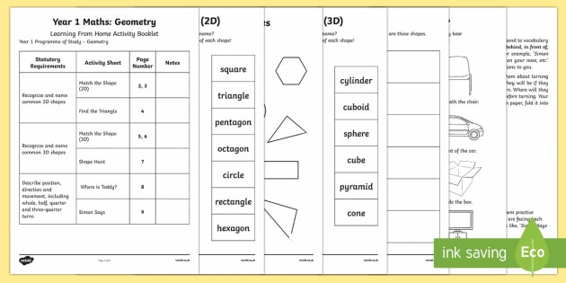 Year 1 Maths Geometry Learning From Home Activity Booklet Activity Booklet