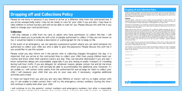 Dropping Off & Collections Policy for Childminders | Twinkl