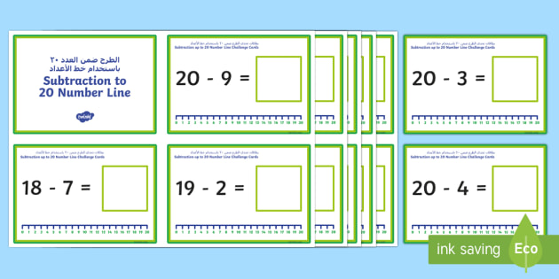 Subtraction Up to 20 with a Number Line Challenge Cards Arabic/English