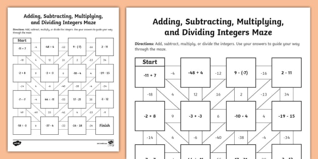 Adding Subtracting Multiplying And Dividing Negative Numbers Worksheet