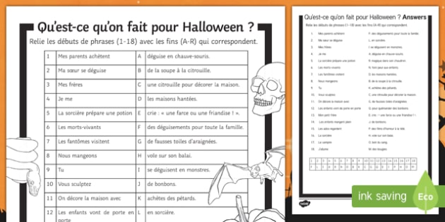 Halloween Present Tense Match Up Worksheet / Worksheet-French, worksheet