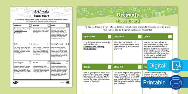 Decimals Math Choice Board
