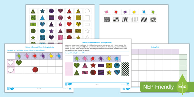 Sort by Pattern, Colour and Shape Activity Worksheet