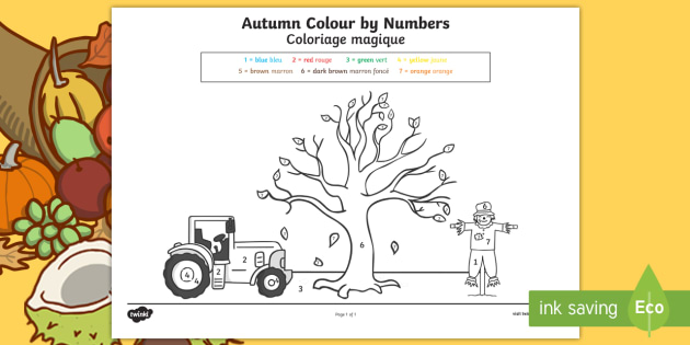 Autumn Themed Colour by Number Worksheet / Worksheet English/French