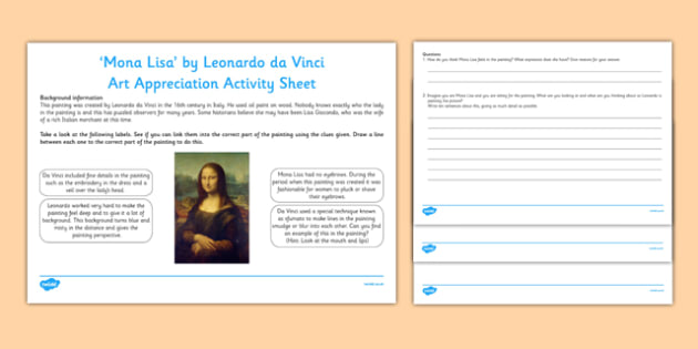 Mona Lisa by Da Vinci Art Appreciation Worksheet / Activity