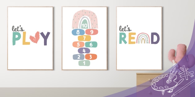 Let's Play Let's Read Muted Rainbow-Themed Posters Pack