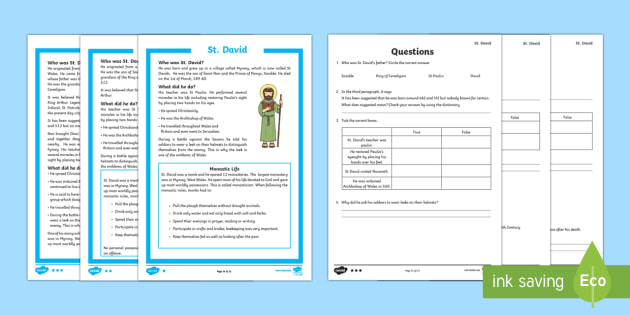 Saint David Differentiated Reading Comprehension Activity