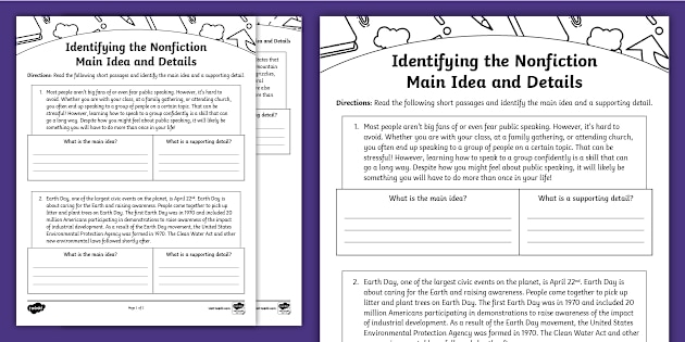 Identifying Main Idea And Supporting Details Worksheets Main Idea And