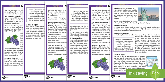 Happy New Year Reading Comprehension Sheet - ESL New Year Reading