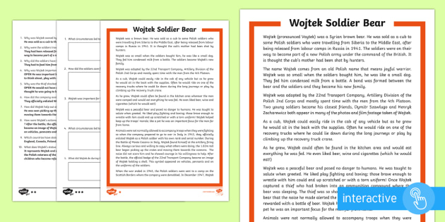 Wojtek Soldier Bear Differentiated Comprehension Go Respond Worksheet