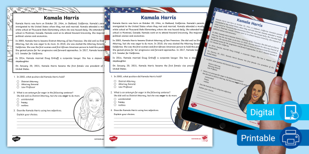 Fourth Grade Kamala Harris Reading Comprehension Activity