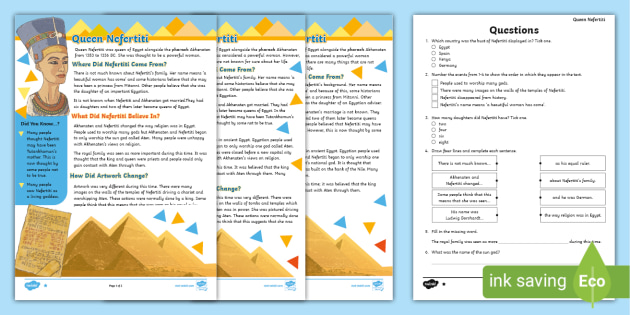 LKS2 Queen Nefertiti Reading Comprehension Activity