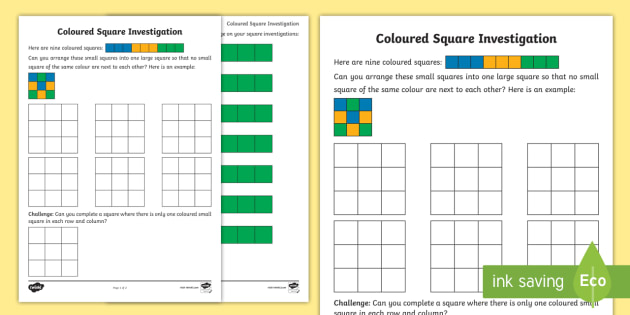 Coloured Square Maths Investigation Worksheet (teacher made)