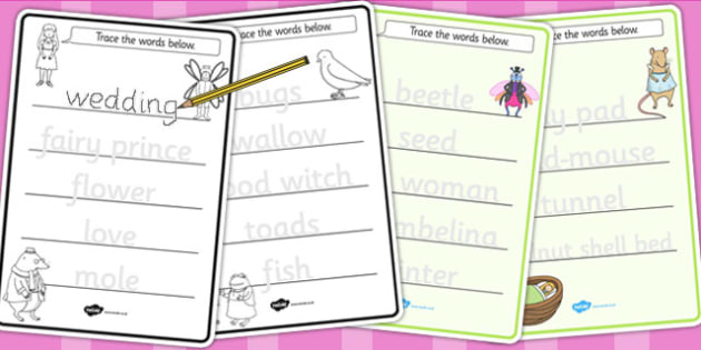 Thumbelina Trace the Words Worksheets (teacher made)