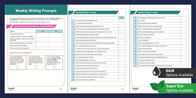 Weekly Writing Prompts and Self-Evaluation (teacher made)