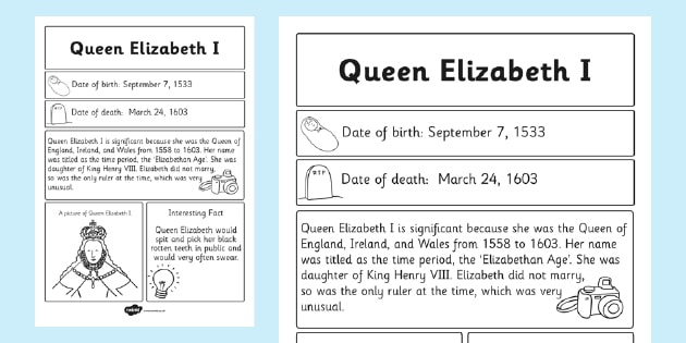 Queen Elizabeth I Facts Sheet (teacher made)