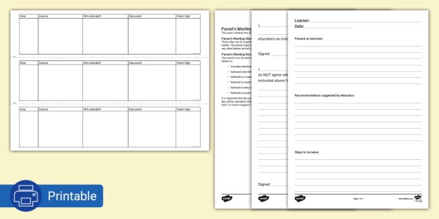 Parent Teacher Meeting Record Sheet Pack - South Africa