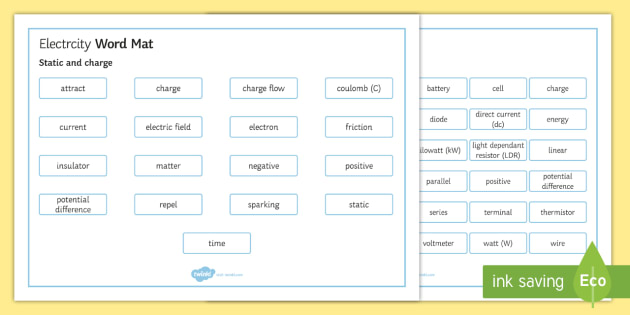 OCR Gateway Physics Electricity Word Mat (teacher made)