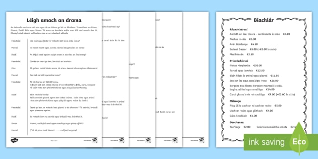 Restaurant Role Play (Biachlár - Dráma - Sa Bhialann) Gaeilge - Bia
