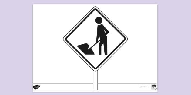 Roadworks Road Sign Colouring Sheet