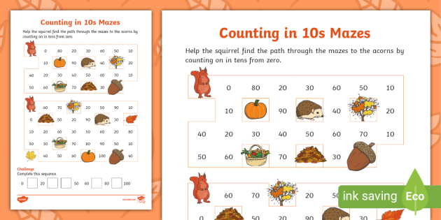 👉 Autumn-Themed Counting in 10s Maze Worksheet