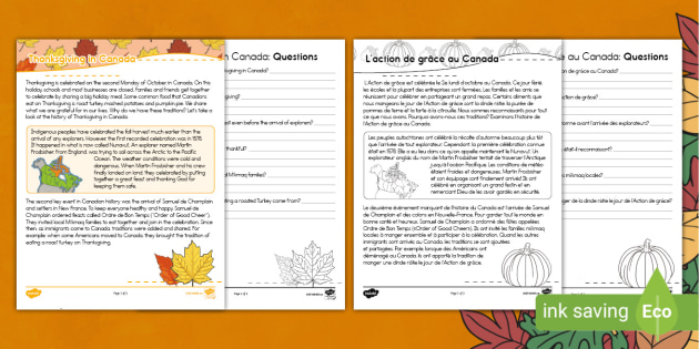 Thanksgiving in Canada Reading Comprehension French