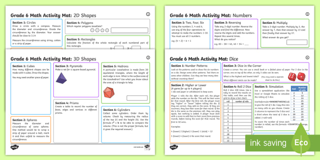 Grade 6 Summer 2 Math Activity Mats