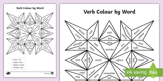 Verb Colour By Word 3-6 | Verb Colouring Activity | Twinkl