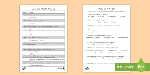 Comparing Weight and Mass Word Problems - Math - Twinkl