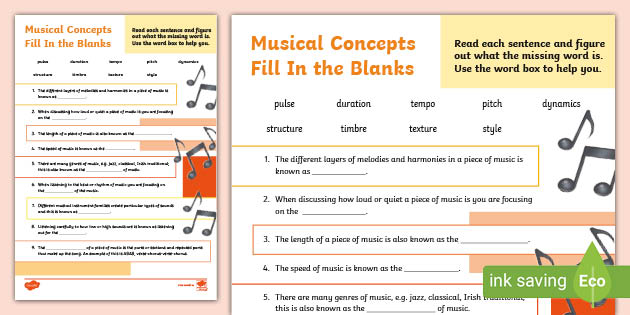 Musical Concepts Fill In the Blanks Activity Sheet