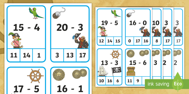 Pirate-Themed Subtraction From 20 Peg Activity