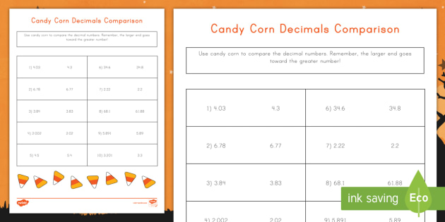 Candy Corn Decimals Comparison Activity - Halloween, tenths