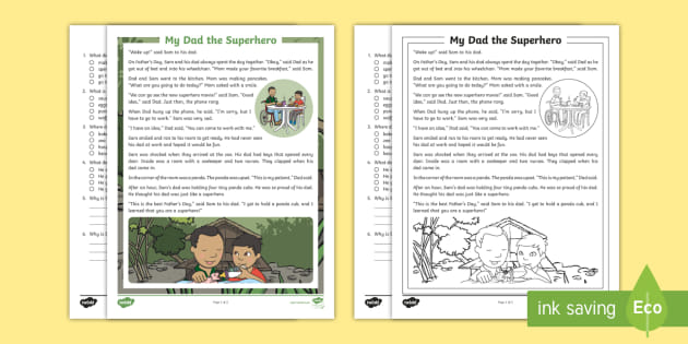 Second Grade My Dad the Superhero Reading Comprehension Activity