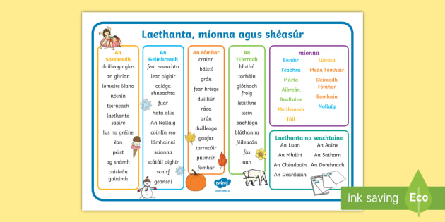 Laethanta, mata mí agus séasúir focal Gaeilge