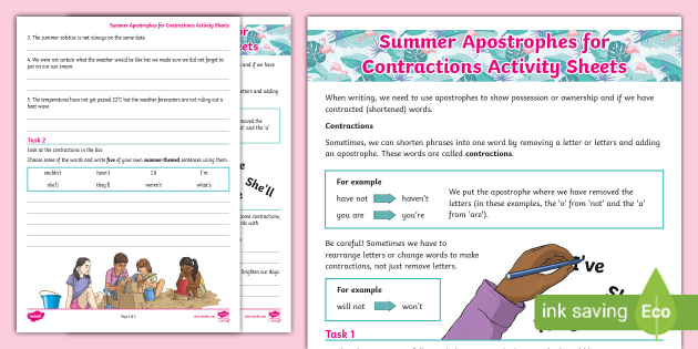 Summer Apostrophes for Contractions Activity Sheets