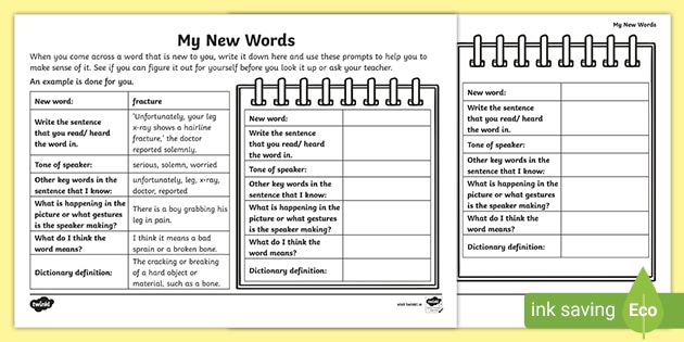 My New Words Worksheet