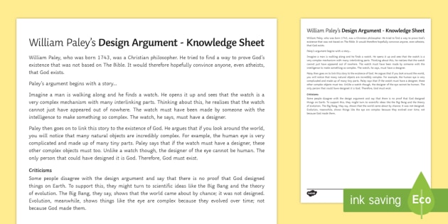 William Paley and the Design Argument Pupil Knowledge Sheet