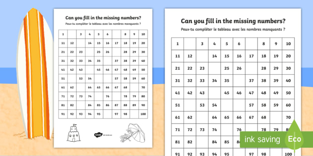 Summer Themed Missing Numbers Square English/French - Summer Themed Missing