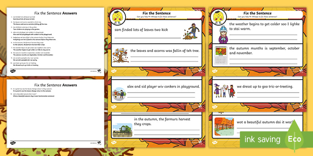 KS1 Autumn Fix the Sentence Activity Mat Pack