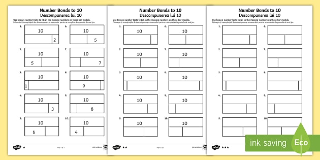 Bar Modelling Number Bonds to 10 Differentiated Worksheet / Worksheet ...